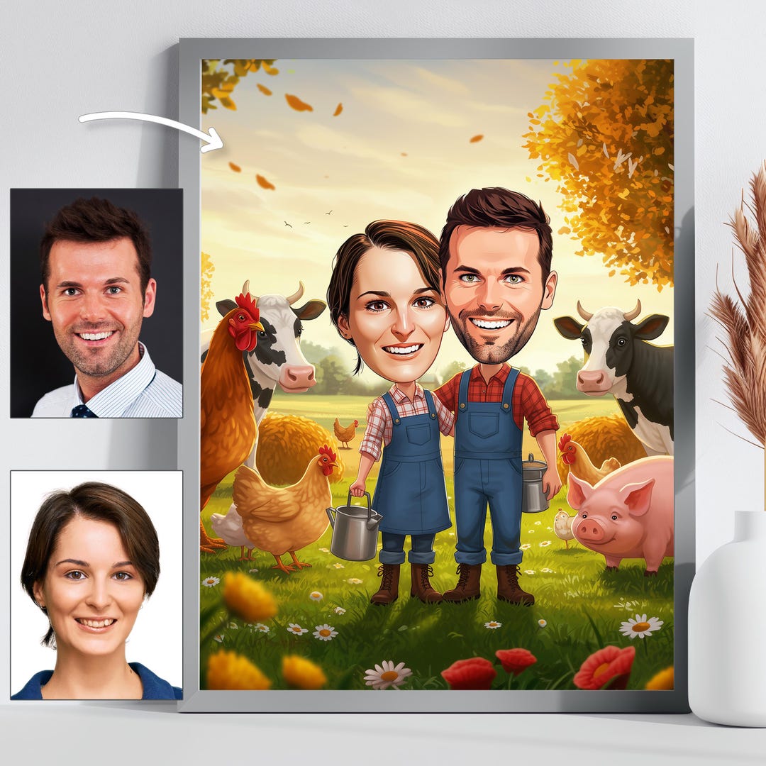 Custom Farmer Couple Cartoon Caricature, Personalized Farm Life Digital ...