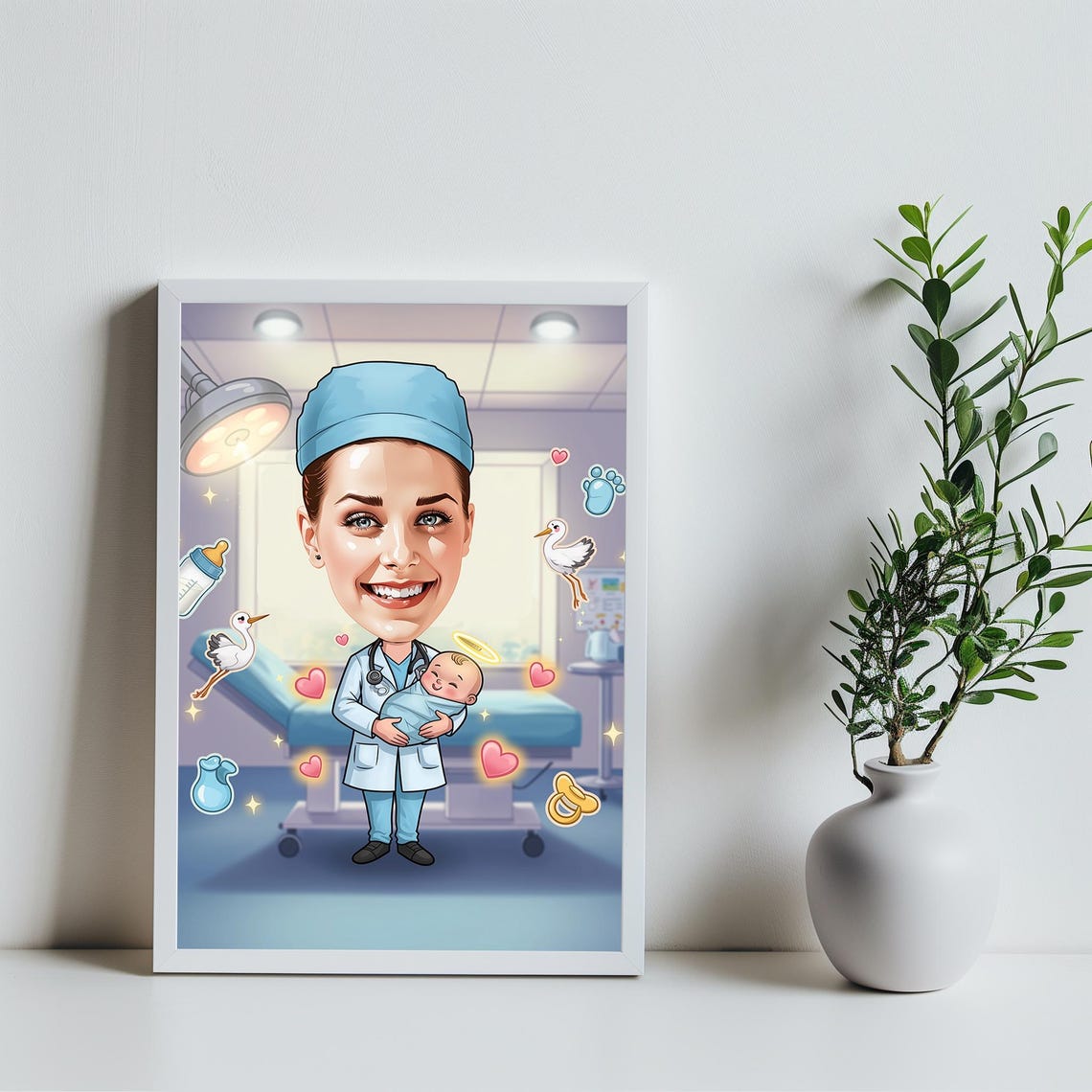 Custom Baby Doctor Caricature | Cute Newborn Delivery Wall Art, Stork ...