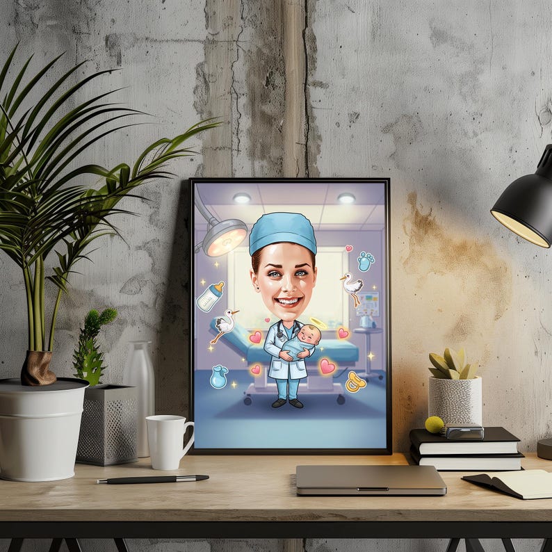 Custom Baby Doctor Caricature | Cute Newborn Delivery Wall Art, Stork ...