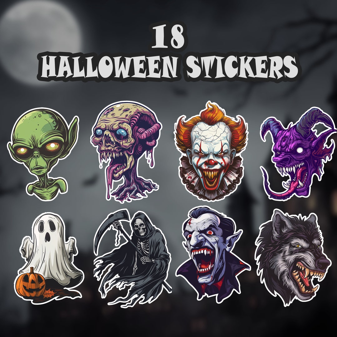 Halloween Stickers Pack, 18 Unique Digital PNG Sticker Designs, Instant ...