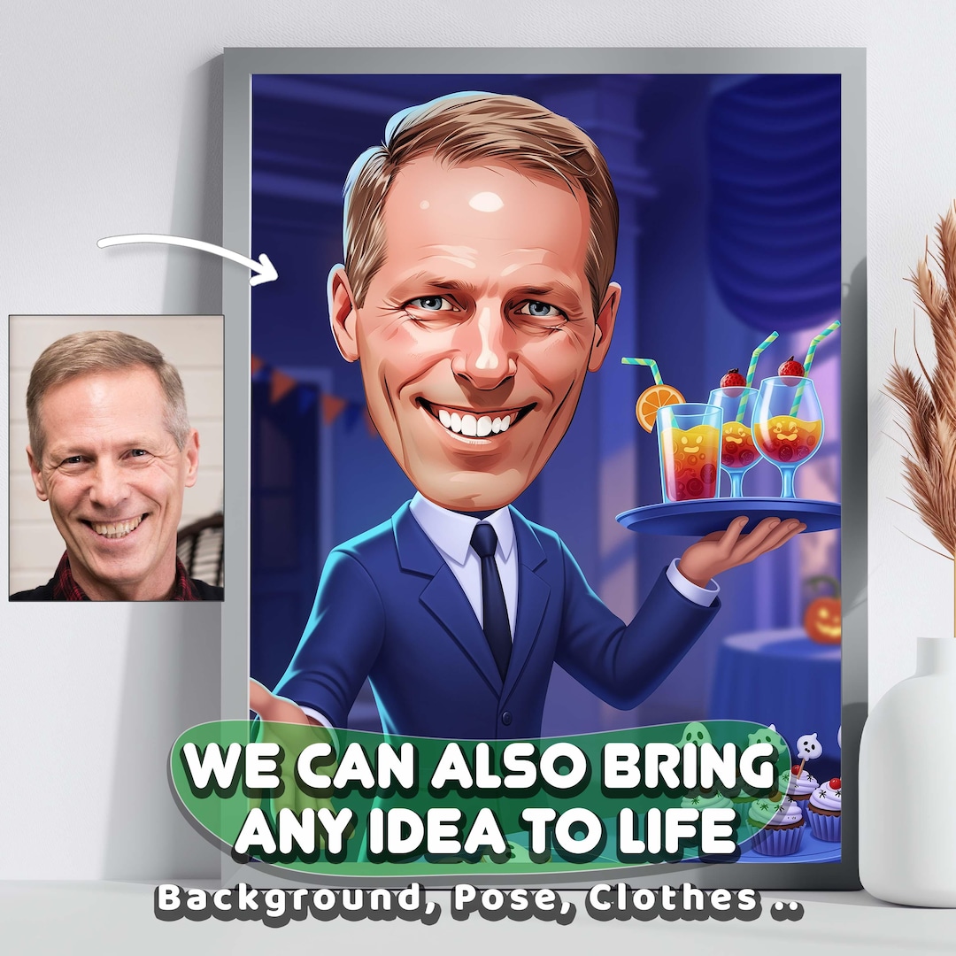 Bartender Caricature, Cocktail Lover Gift | Waiter Cartoon Art From ...