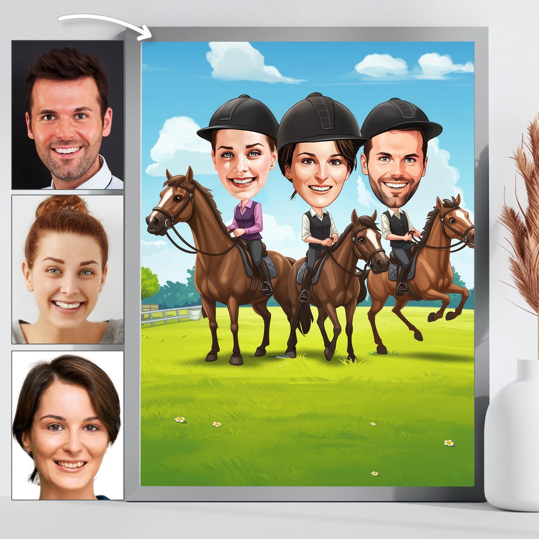 Custom Horse Family Art • Cartoon Group Riding Gift • Funny Equestrian ...