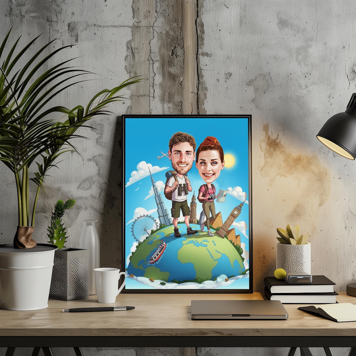 Custom Travel Couple Caricature, World Landmarks Cartoon Portrait ...