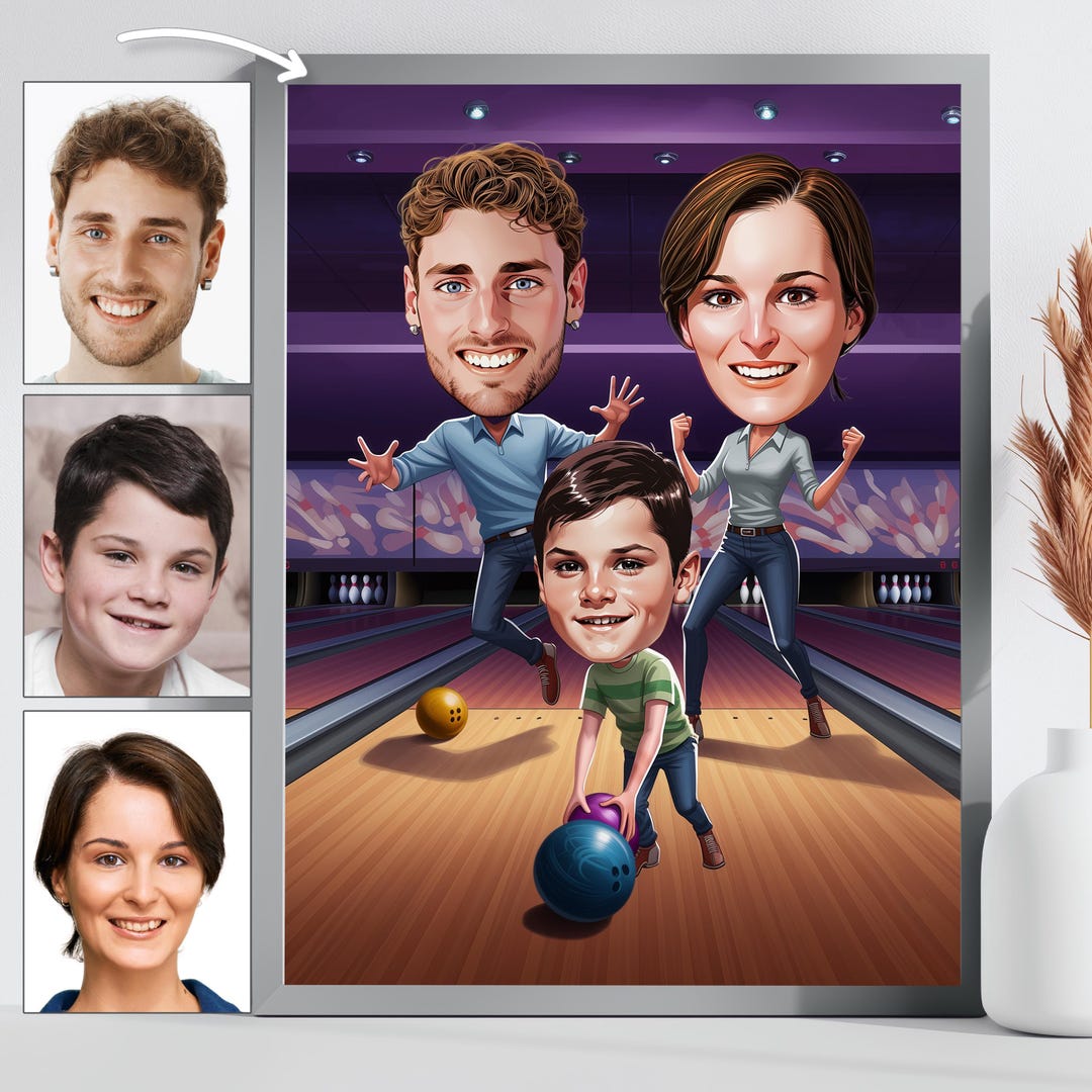 Custom Bowling Family Caricature – Digital Cartoon Portrait Gift ...