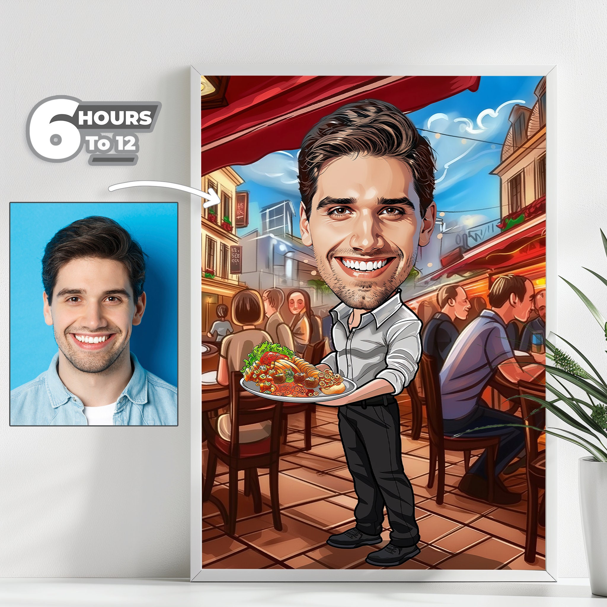 Custom Waiter Caricature Portrait - Unique Gift for Waiters, Cartoon ...
