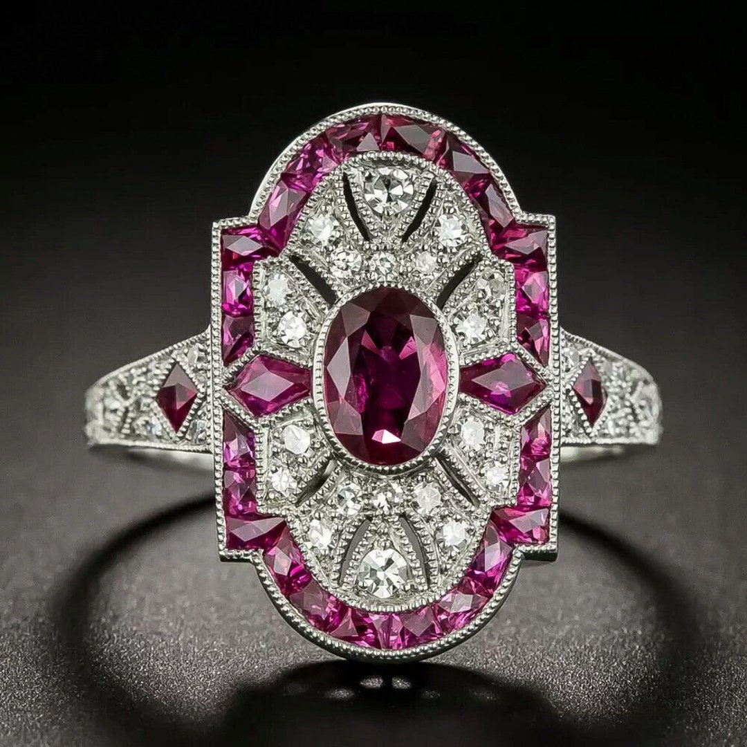 Art Deco Milgrain Oval Cut Garnet & White Diamond Edging Engagement ...