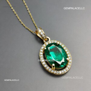 Oval Shape Lab Grown Colombian Emerald and Diamond Pendant Necklace ...