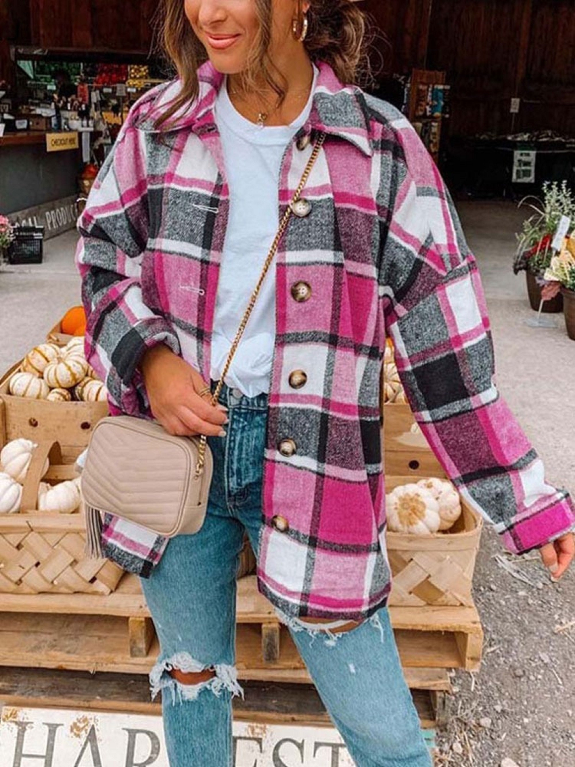 Women Shirt , Plaid Jacket for Women Over-shirt Long Checkered Jacket ...