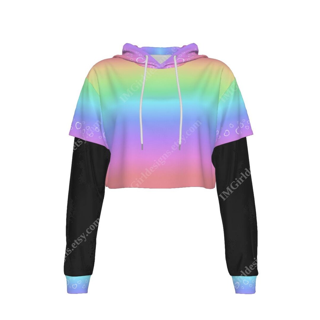Mesh Sleeve Crop Hoodie, Pastel Rainbow Gradient White Hearts, Pastel ...