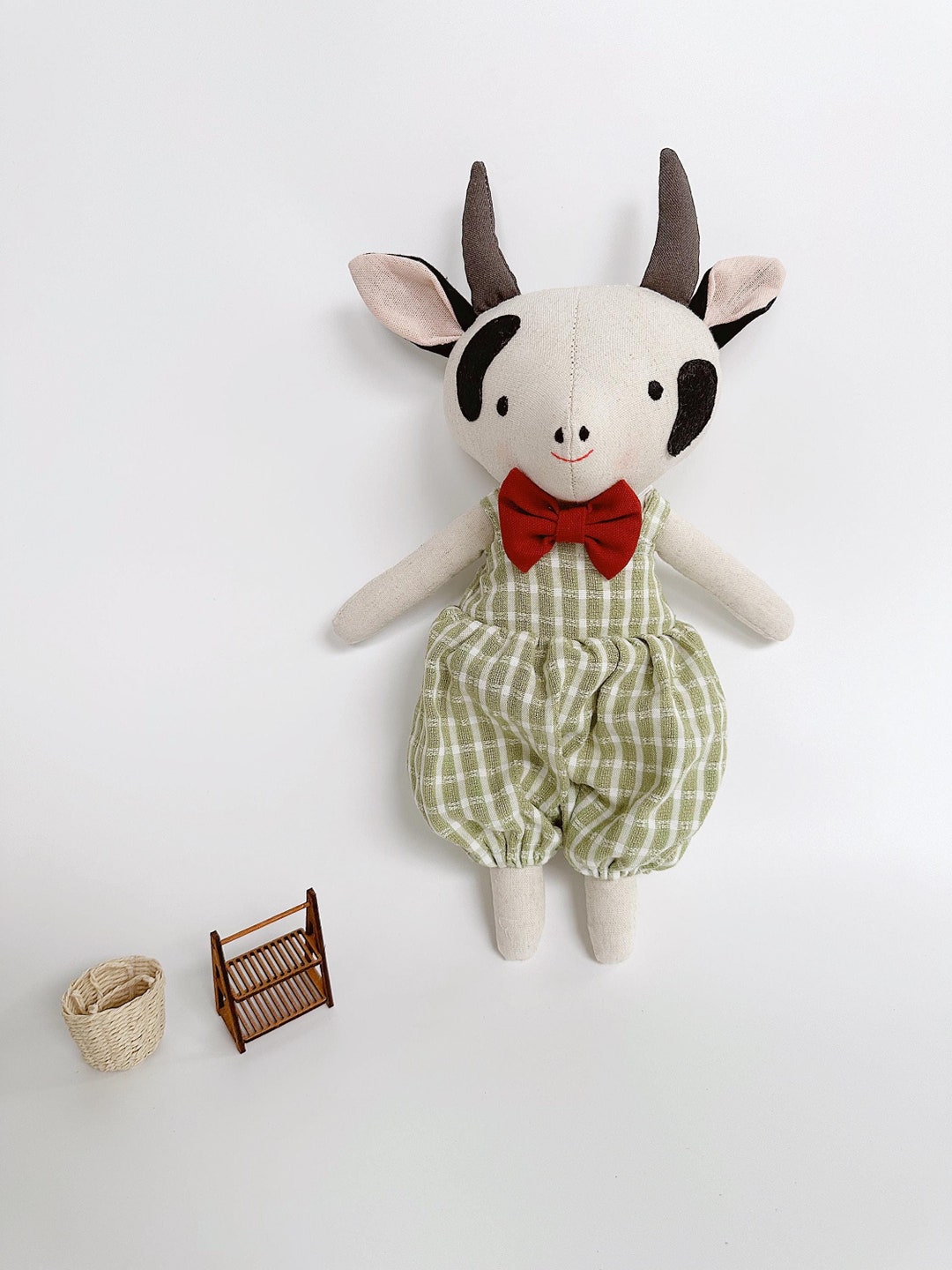 Handmade Dairy Cow Doll, Cow Doll With Green Overalls , Stuffed Animal ...