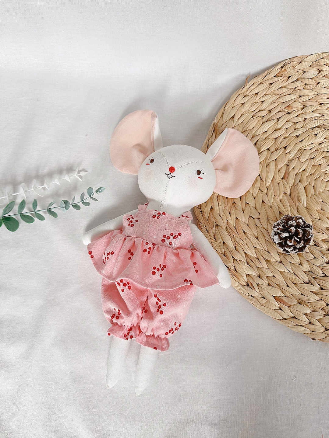 Mouse Doll With Cute Cherry Overalls, Handmade Fabric Doll, Doll With ...