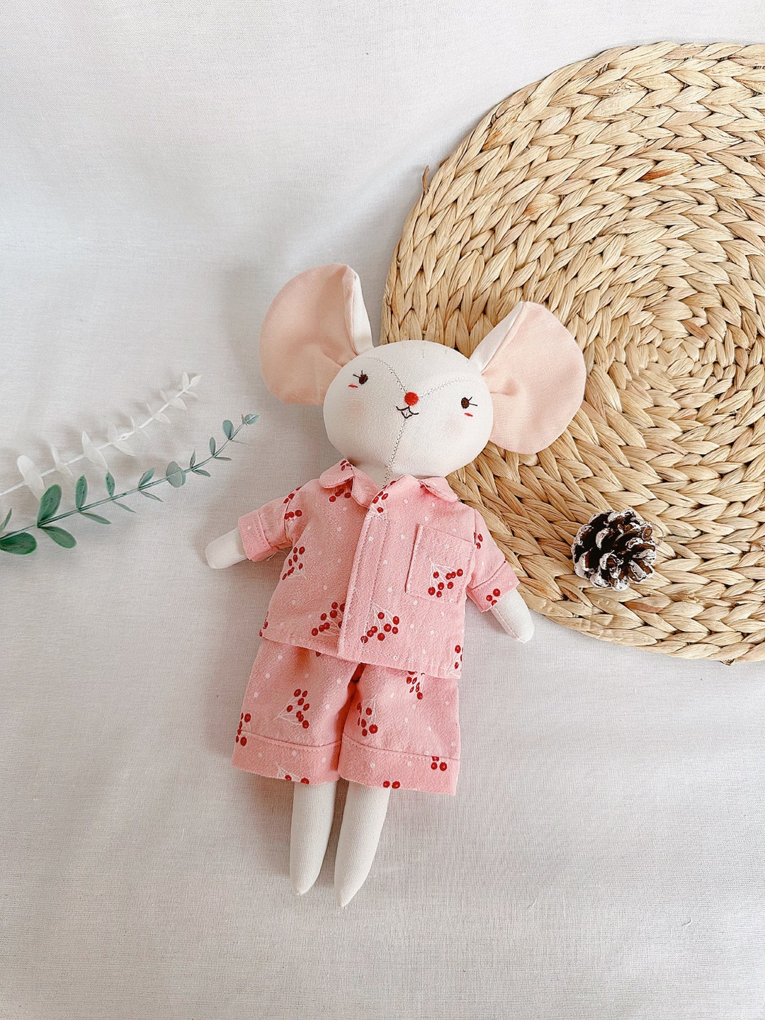 Cherry Pajamas Mouse Doll, Linen Mouse Doll, Handmade Soft Plushies ...