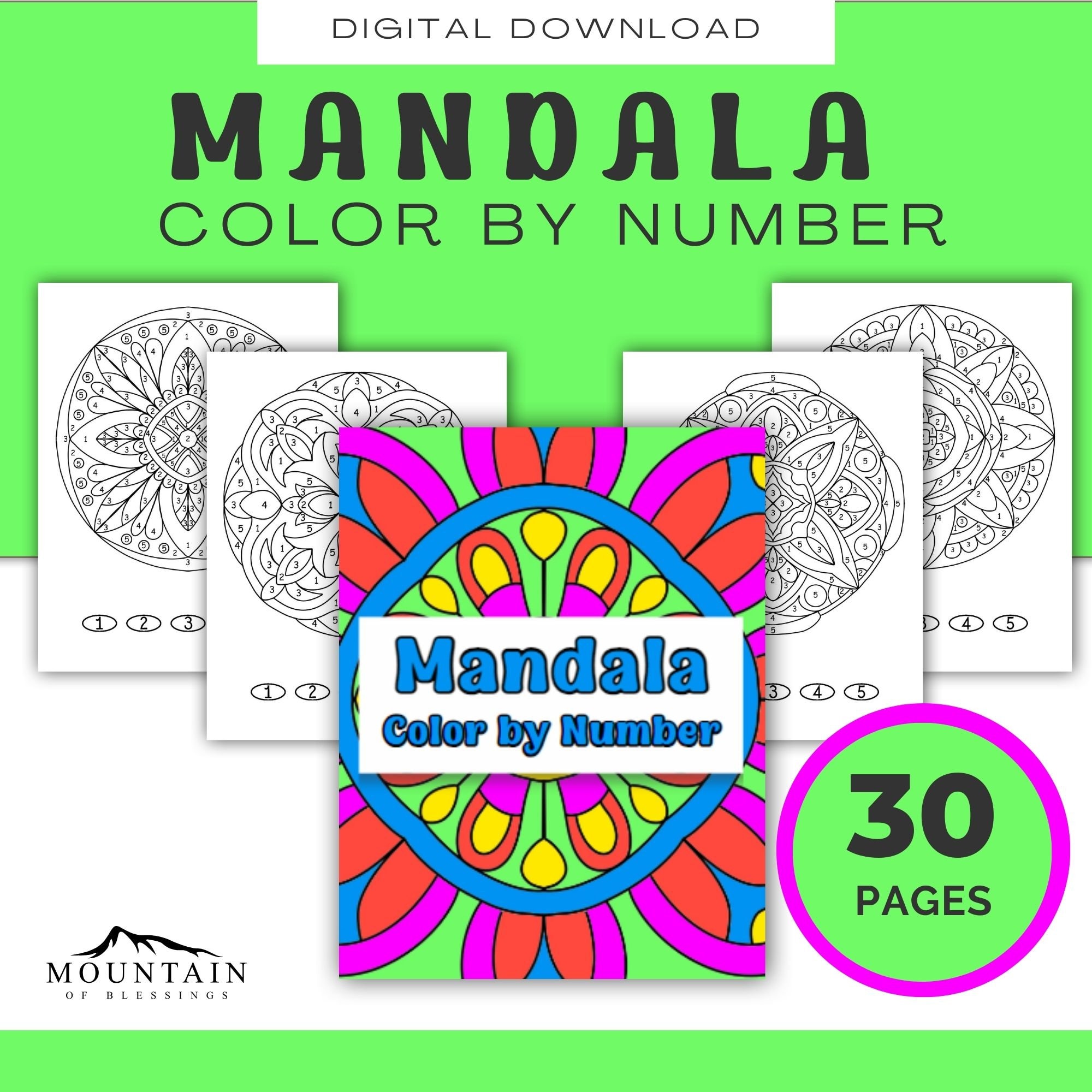 Mandala Color by Number, 30 Pages, for Adults, Teens & Kids, Printable ...