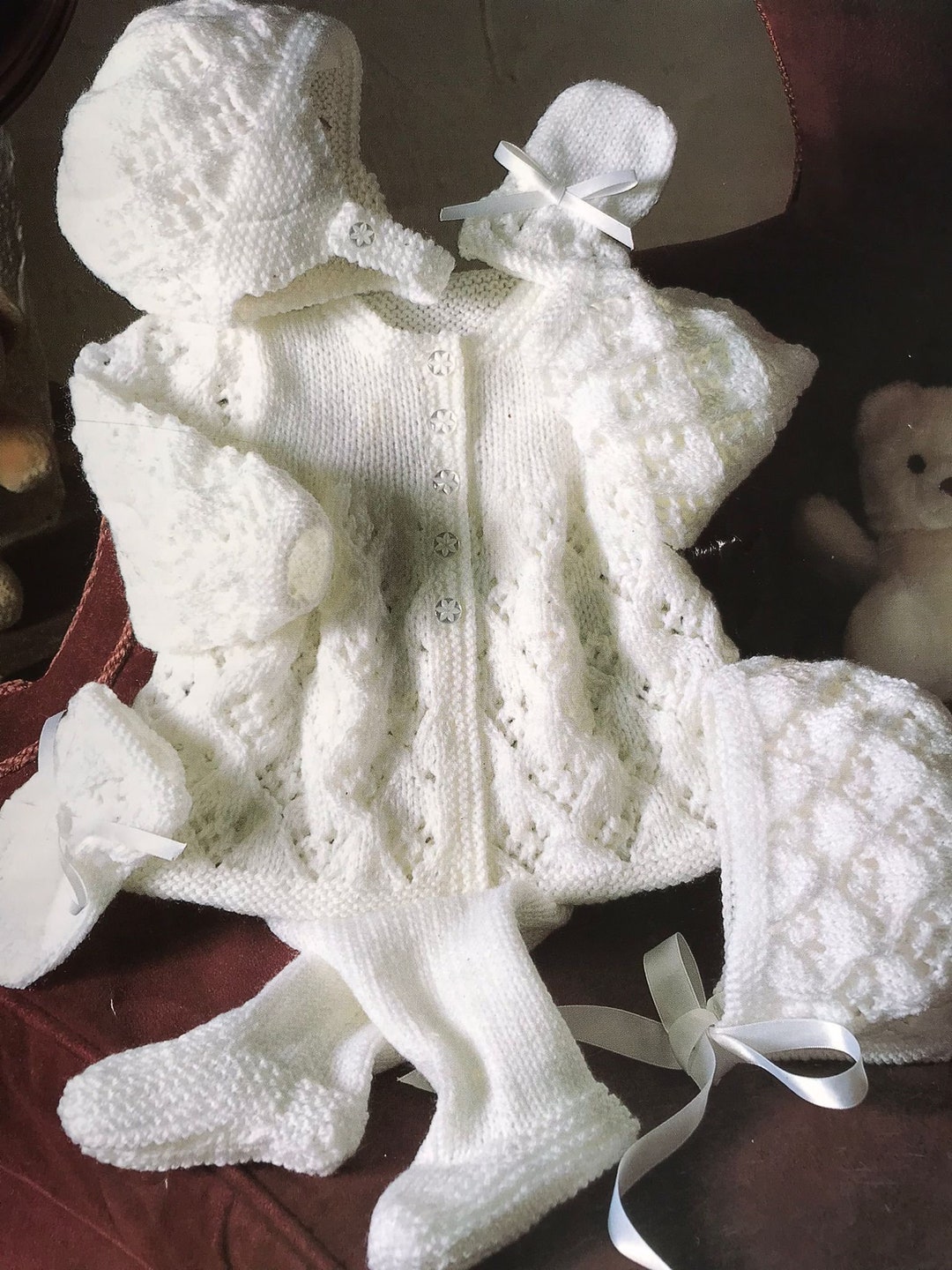 Vintage Baby Knitting Pattern DK Top Helmet Mittens Leggings and Bonnet ...