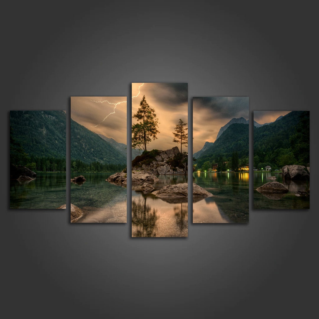 Lake and Mountains Nature Art, FRAMED 5 Piece Split Canvas, Nature ...