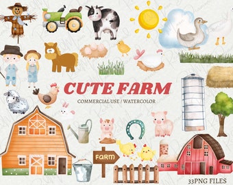 Cute Farm Clipart Farm Animals Watercolor Digital Clipart - Etsy