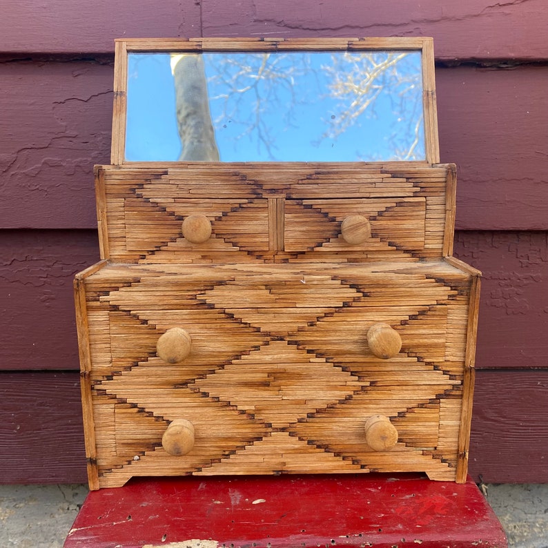 Vintage Tramp Art Matchstick Jewelry Keepsake Box Dresser With Mirror ...
