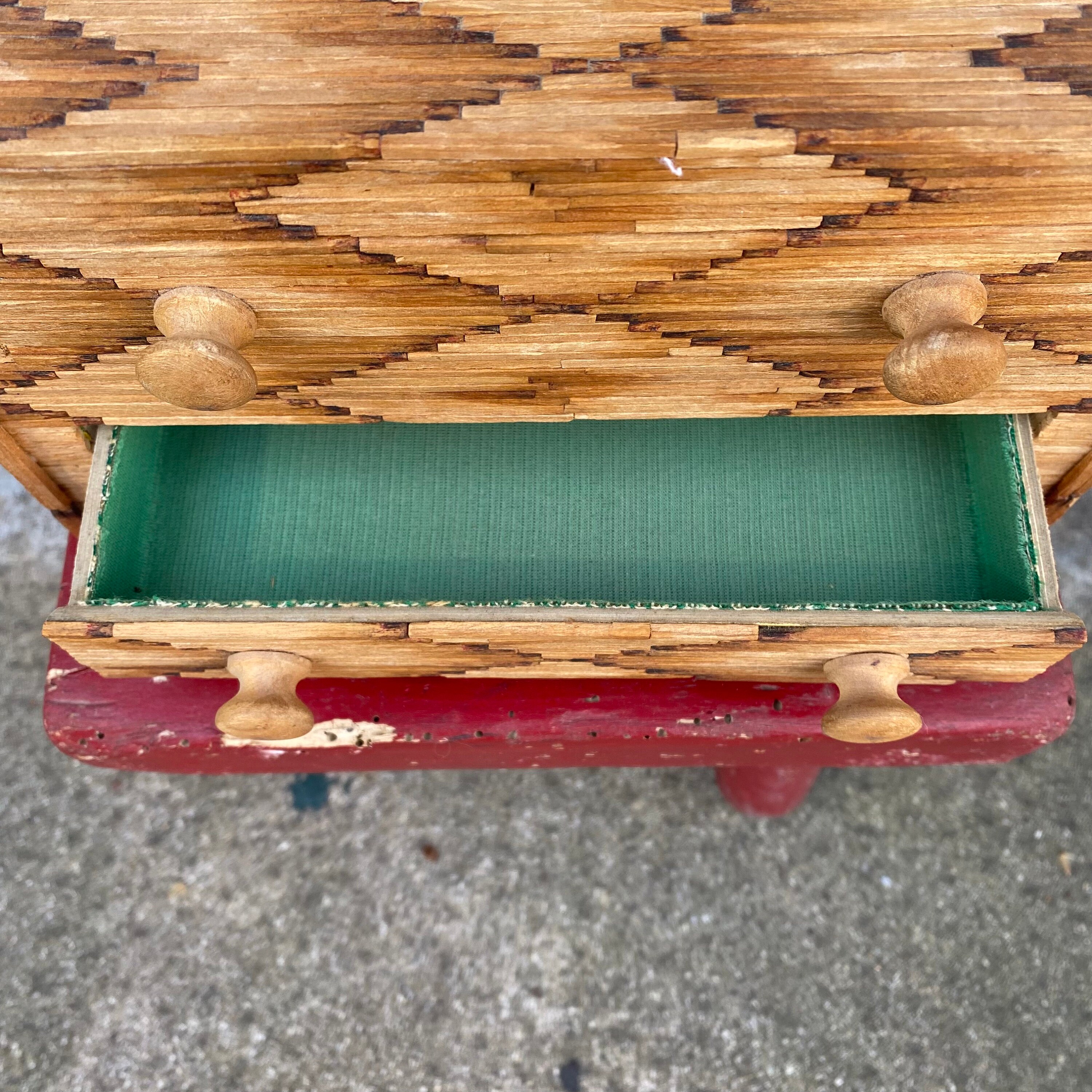 Vintage Tramp Art Matchstick Jewelry Keepsake Box Dresser With Mirror ...