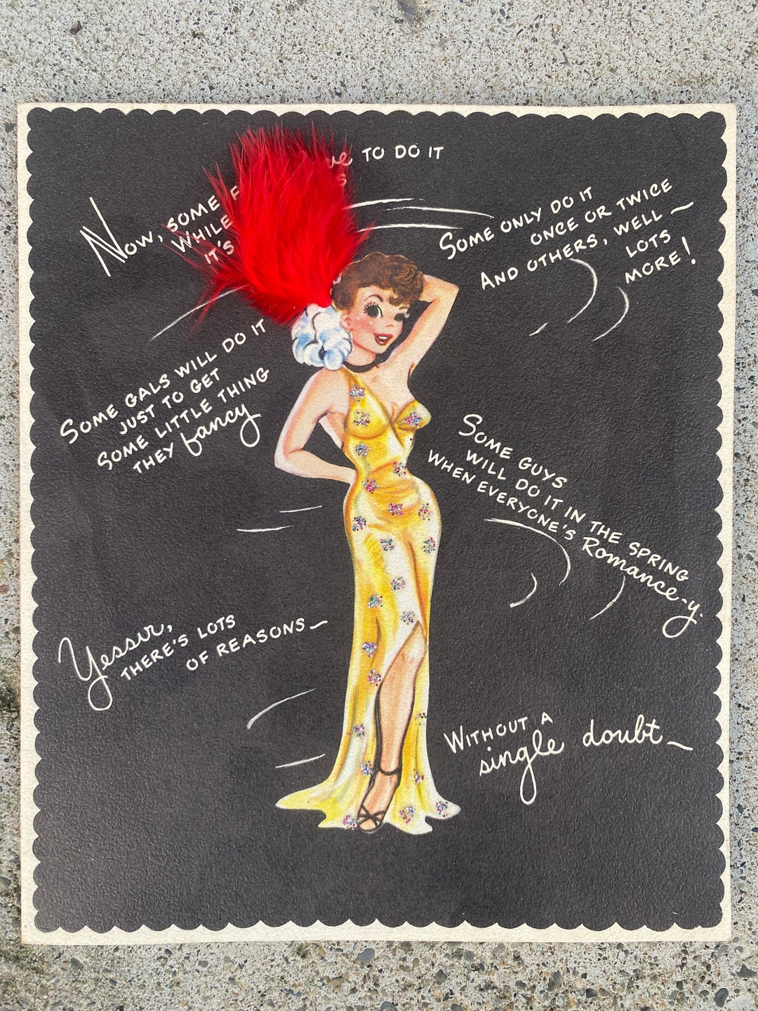Vintage Burlesque Pin up 1950's Birthday Card With Feather and Glitter ...