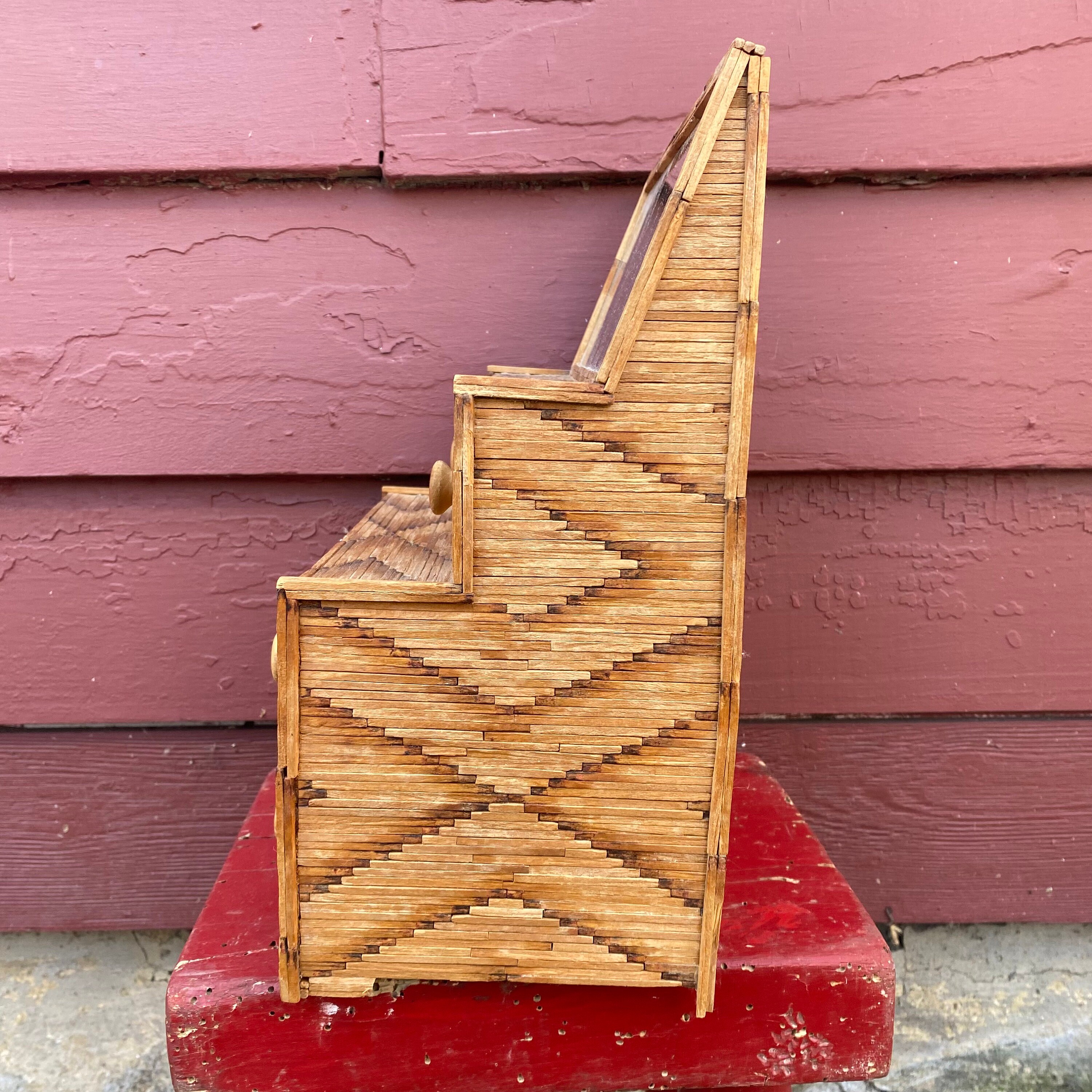 Vintage Tramp Art Matchstick Jewelry Keepsake Box Dresser With Mirror ...