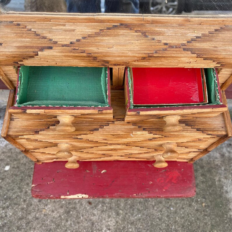 Vintage Tramp Art Matchstick Jewelry Keepsake Box Dresser With Mirror ...