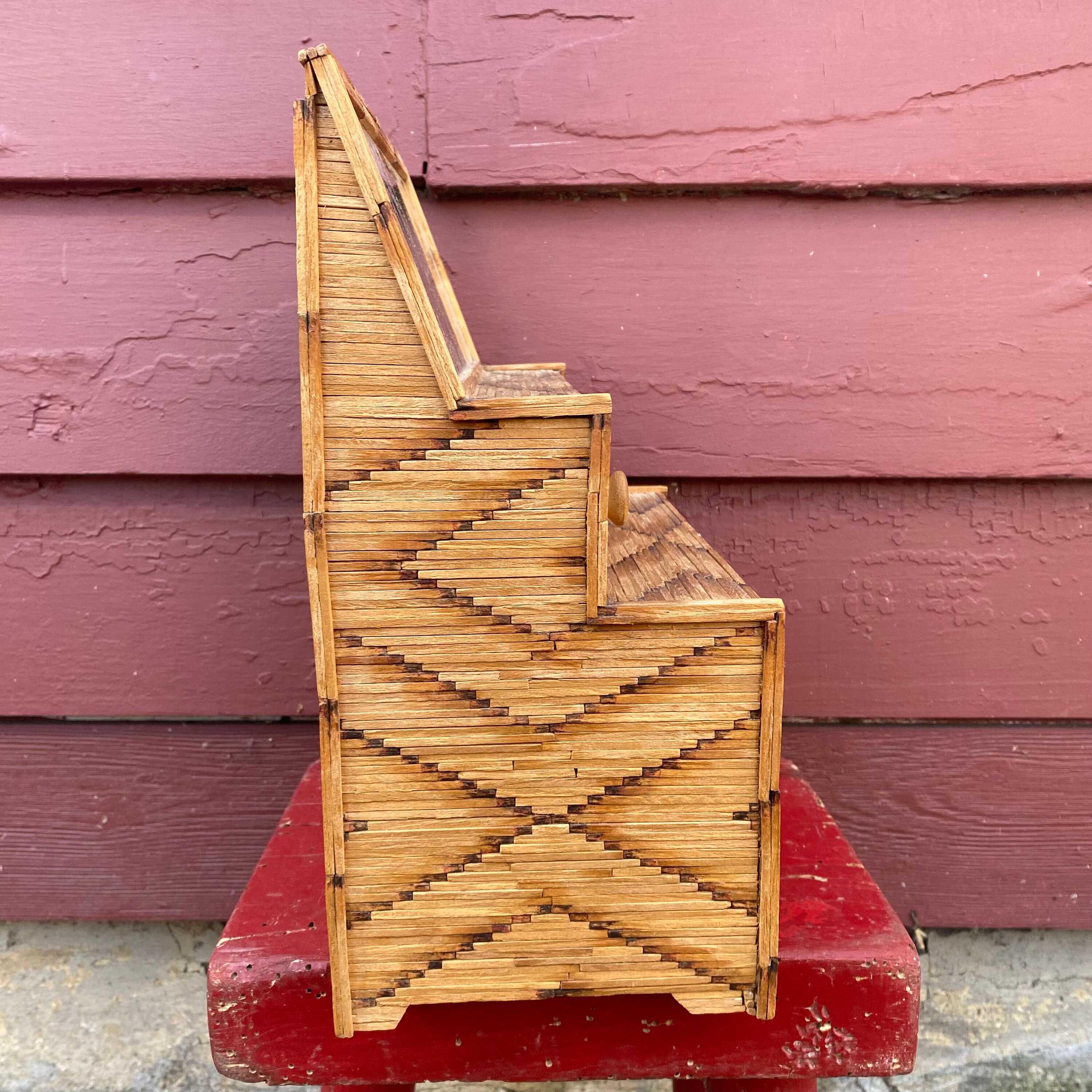 Vintage Tramp Art Matchstick Jewelry Keepsake Box Dresser With Mirror ...