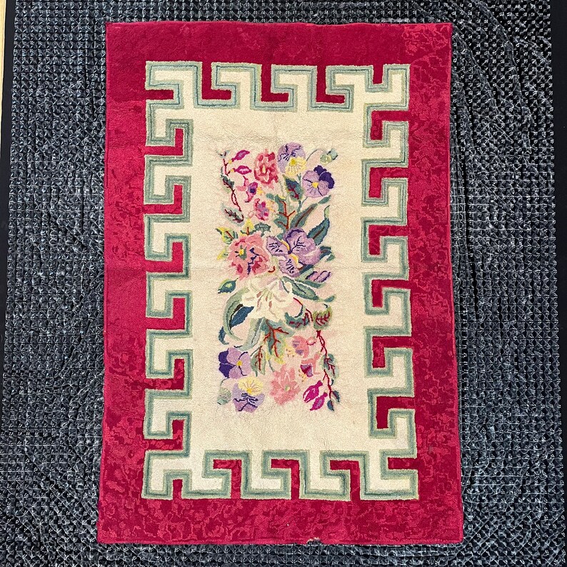 Vintage Dated and Signed 1955 Midcentury Hook Rug Roses Geometric ...