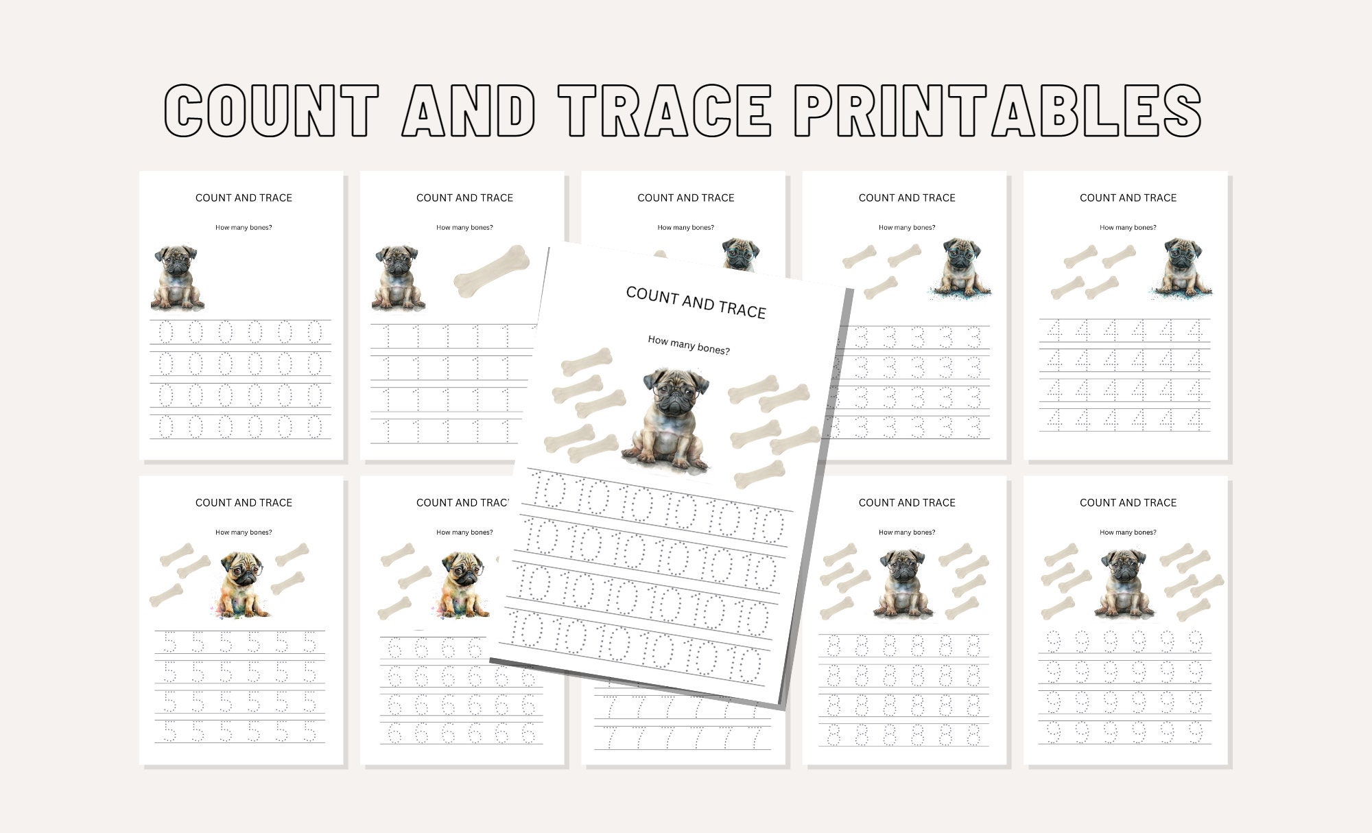 Count and Trace Worksheet Set Numbers 0-10 (PUG) Preschool to ...