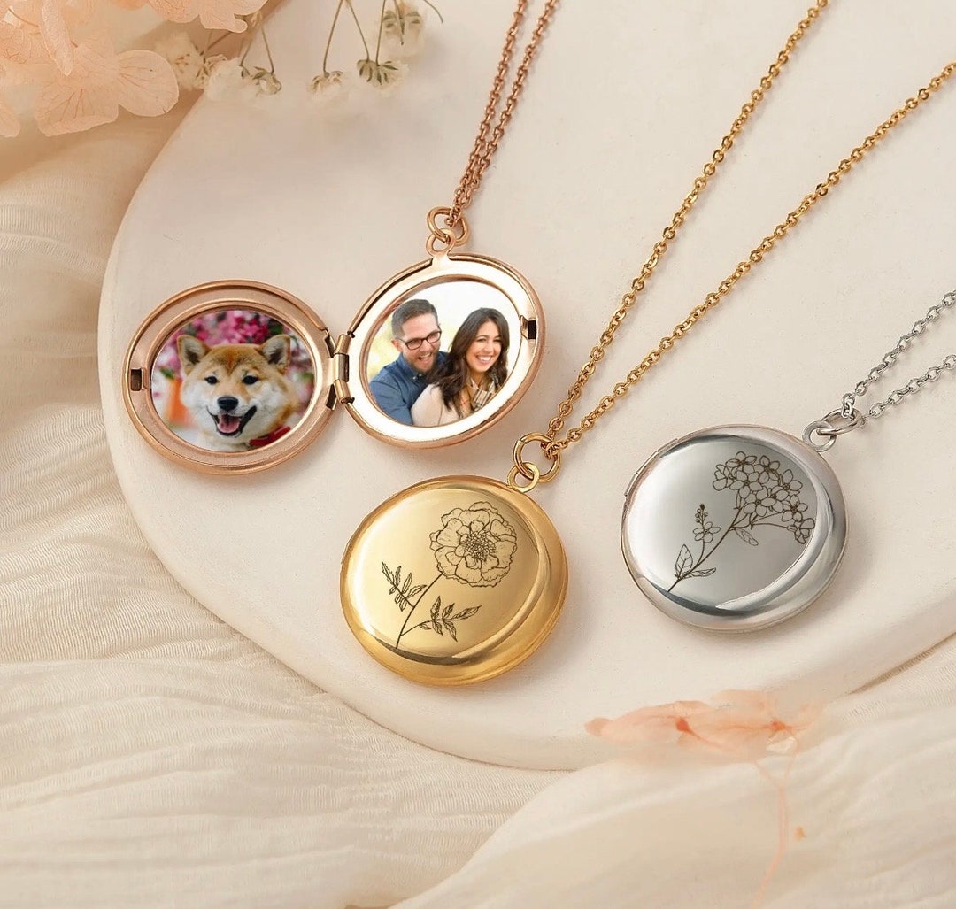 Custom Photo Locket Necklace: Engraved Birth Flower, Non-tarnish - Etsy
