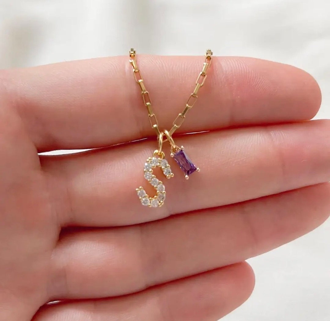 Custom Initial Birthstone Necklace: Dainty Gold Letter, Personalized ...