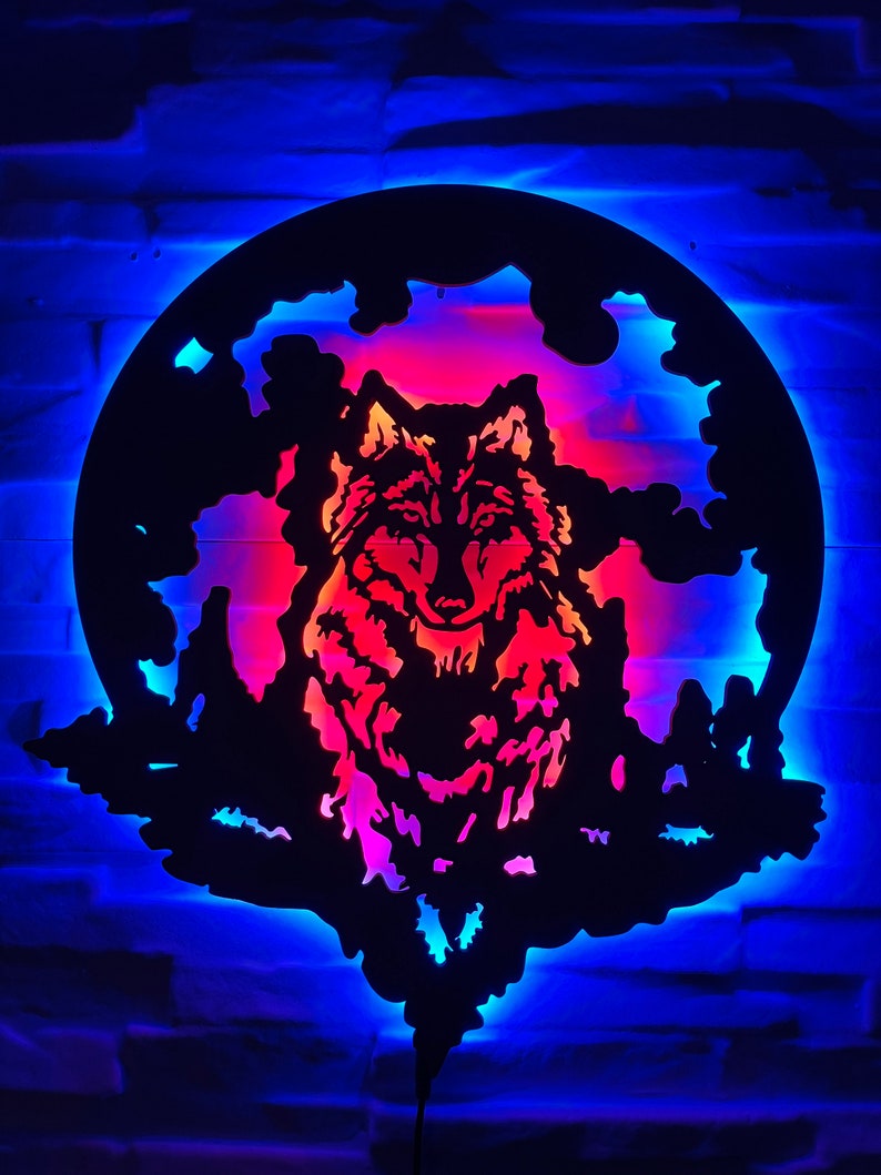 Mystical Wolf LED Wall Light, Colorful Wildlife Silhouette, Ambient ...