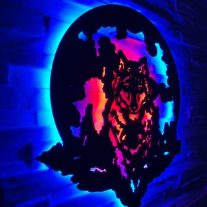 Mystical Wolf LED Wall Light, Colorful Wildlife Silhouette, Ambient ...