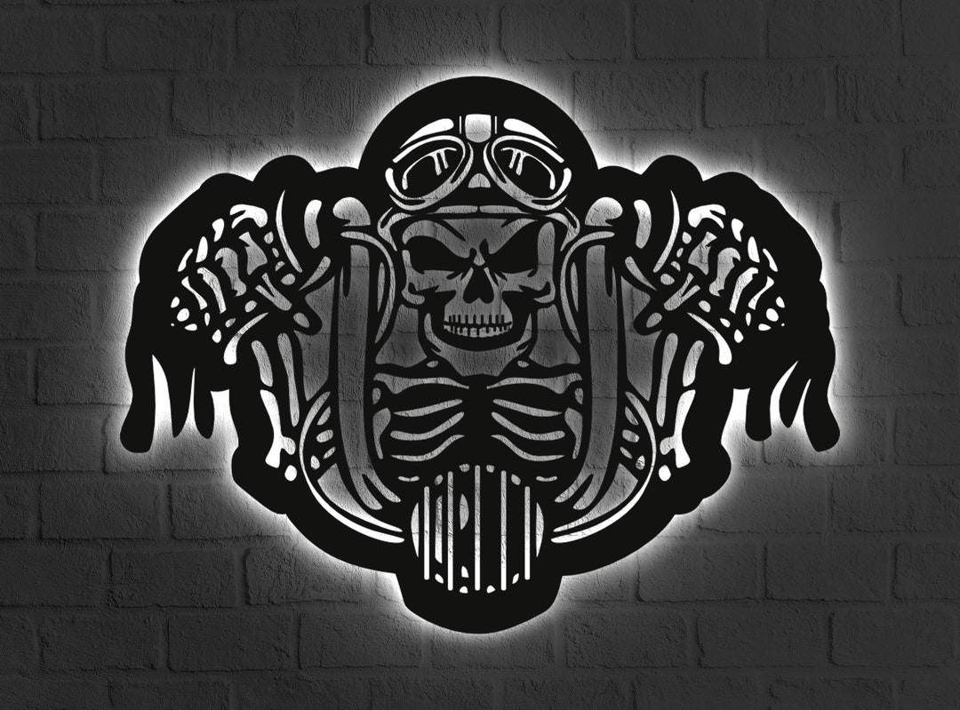 Skull Biker Wood Led Sign, Skull Chopper Motorcycle Led Sign ...