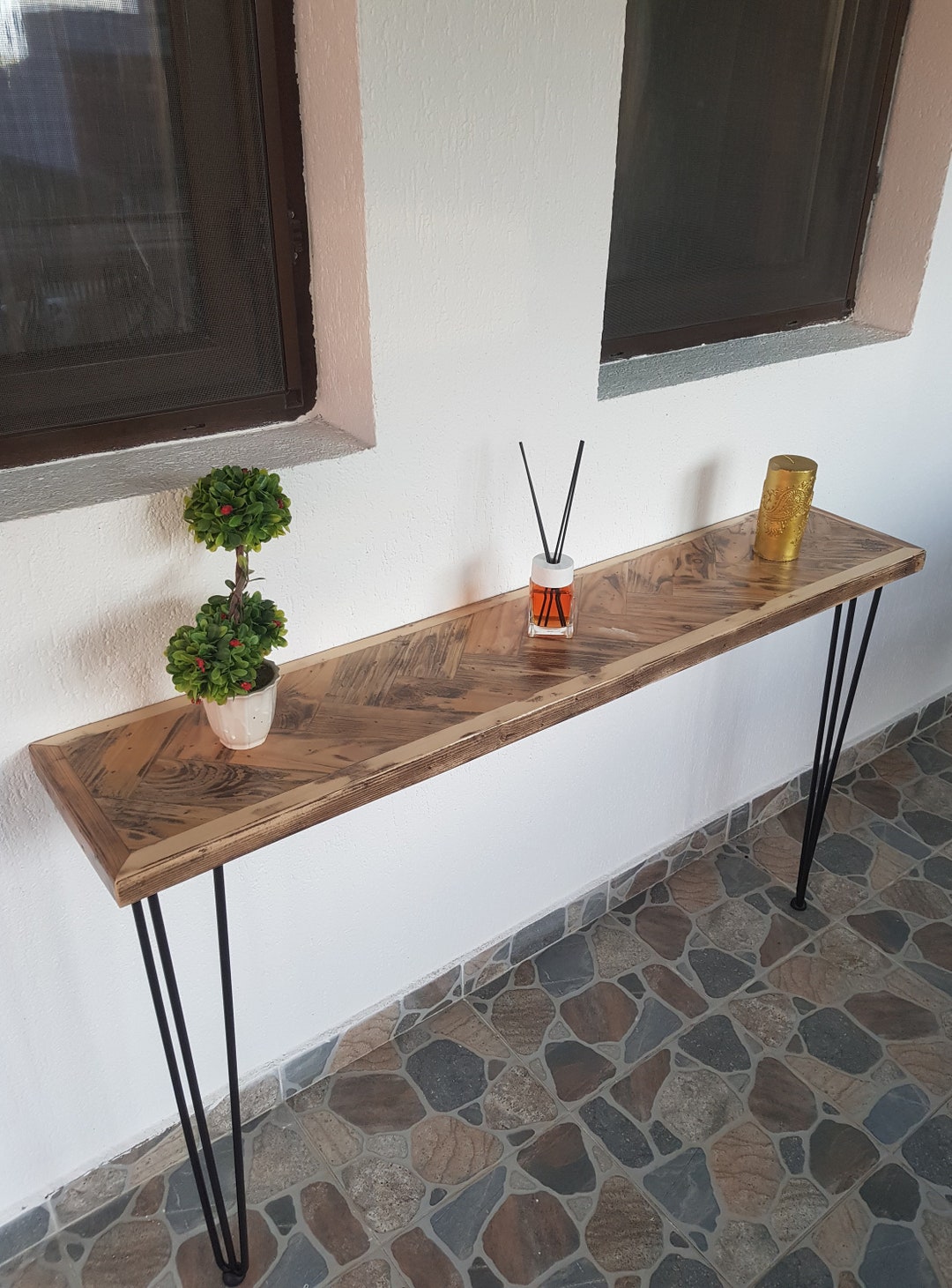 Herringbone Console Table narrow Made From Reclaimed Wood Industrial ...
