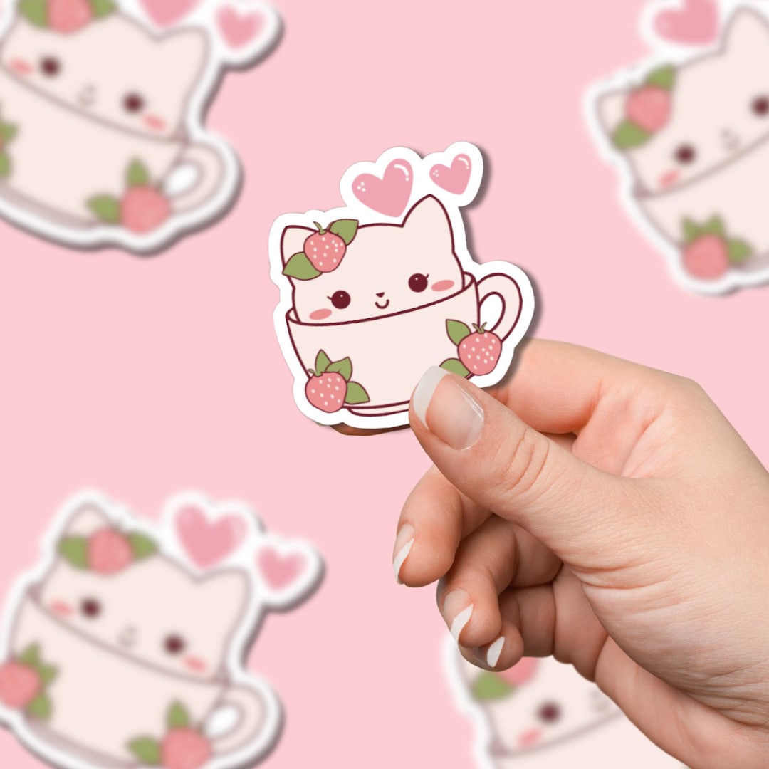 Cat in a Cup Sticker, Cute Sticker, Kawaii Sticker, Waterproof Sticker ...