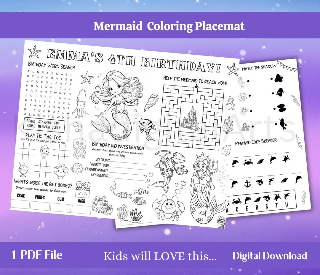 Personalized Mermaid Kids Activity Sheet Placemat Birthday Party ...