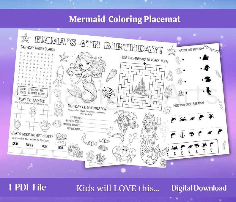 Personalized Mermaid Kids Activity Sheet Placemat Birthday Party ...