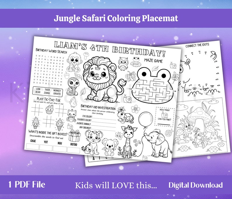 Personalized Jungle Safari Theme Kid Activity Placemat Birthday Party ...