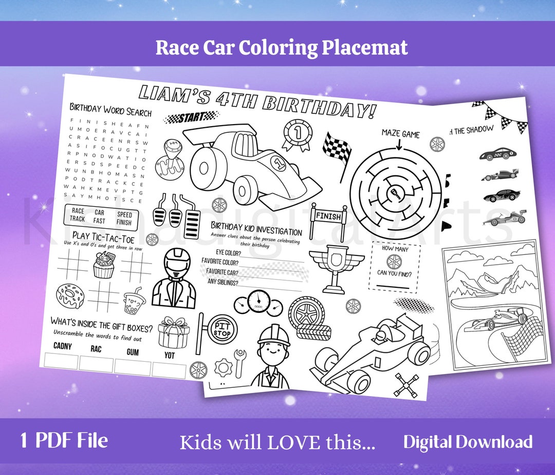Personalized Race Car Kids Activity Sheet Placemat Birthday Party ...