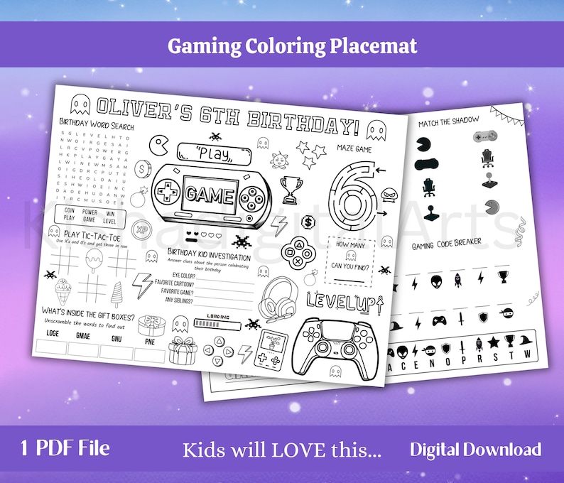 Personalized Gaming Birthday Party Activity Placemat (digital Download ...