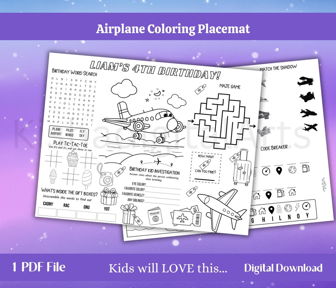 Personalized Kids Airplane Activity Sheet Placemat Birthday Party ...