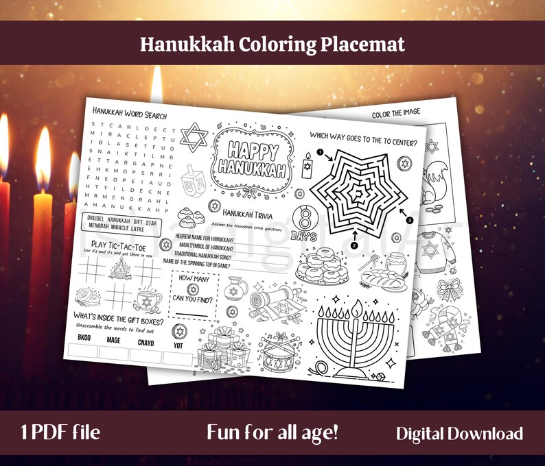 Hanukkah Kids Activity Coloring Sheet Jewish Festival Placemat ...