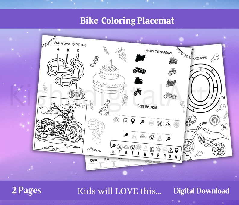 Personalized Kids Bike Activity Sheet Placemat Birthday Party Printable ...