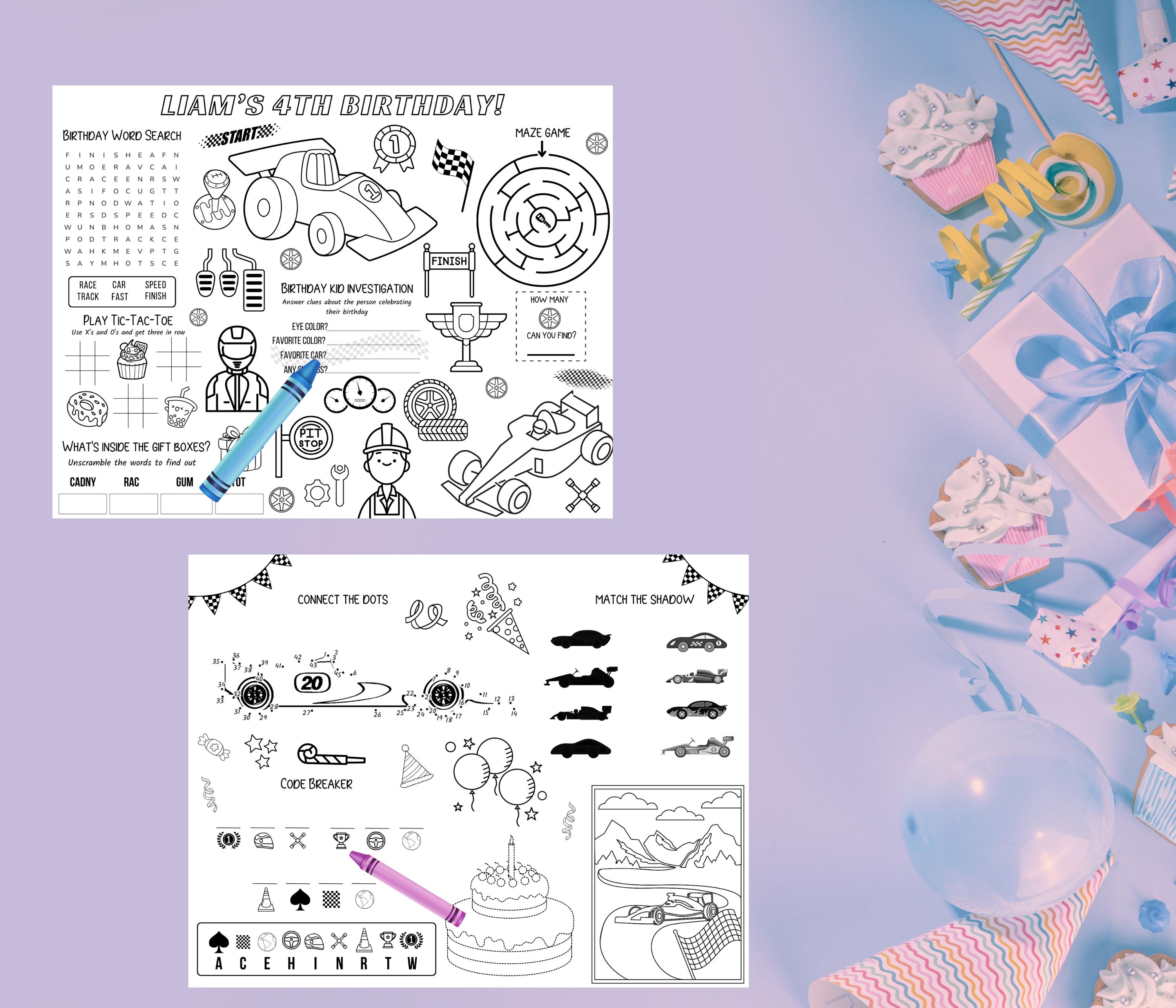 Personalized Race Car Kids Activity Sheet Placemat Birthday Party ...