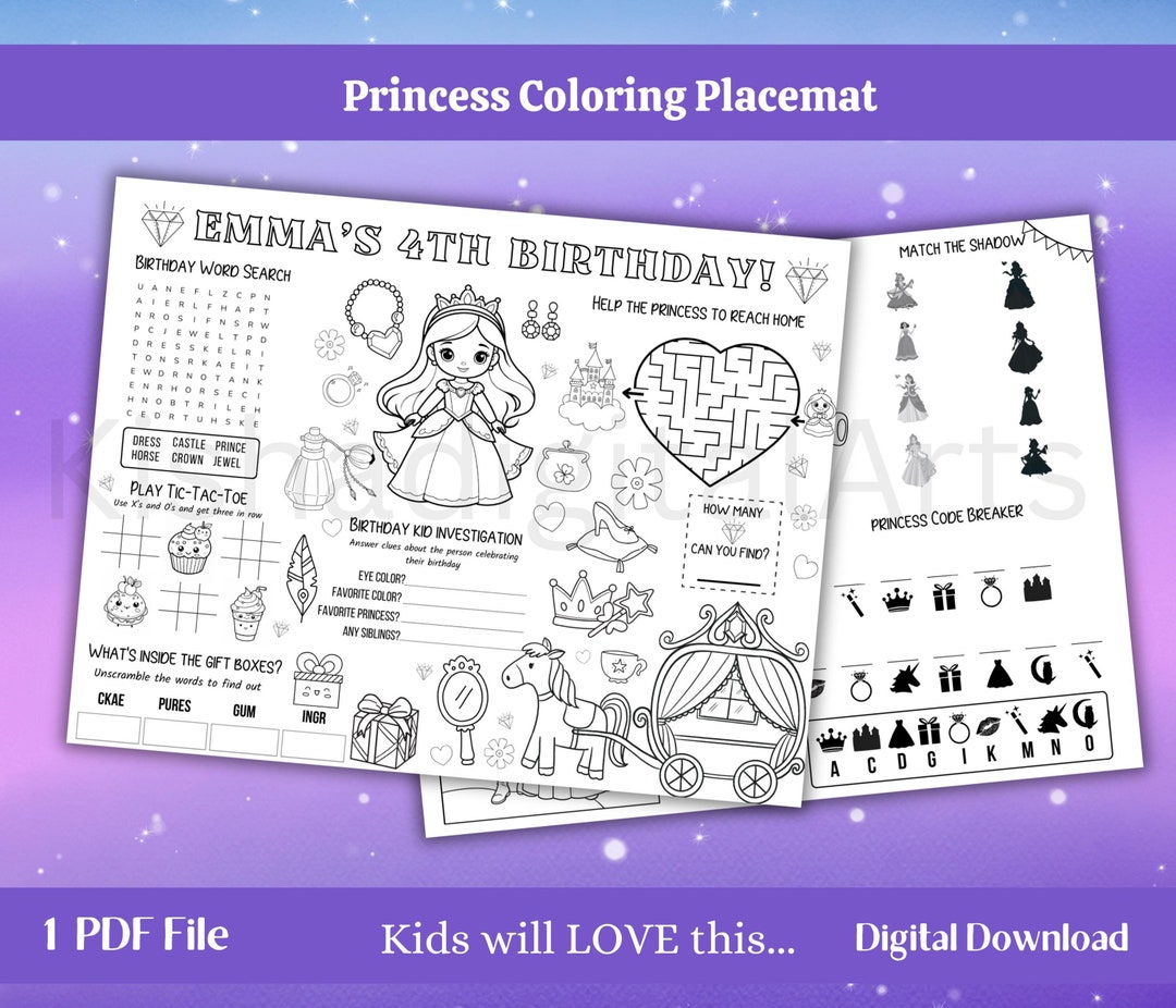 Personalized Princess Kids Activity Sheet Placemat Birthday Party ...