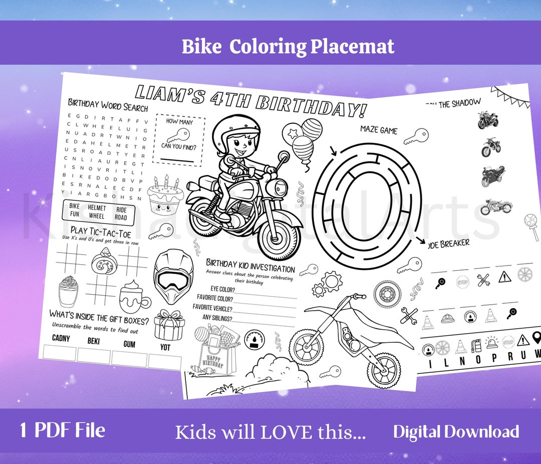 Personalized Kids Bike Activity Sheet Placemat Birthday Party Printable ...