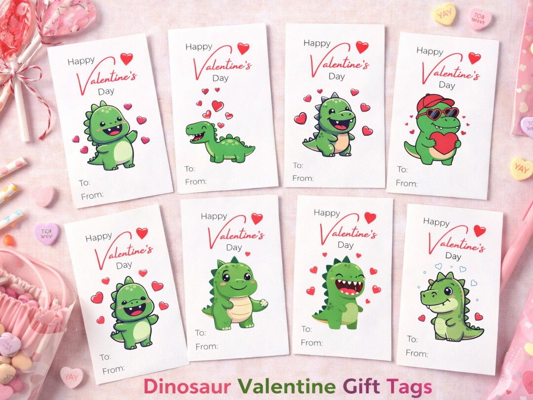 Valentine Dinosaur Gift Tags Printable for Kids | Classroom Treat ...