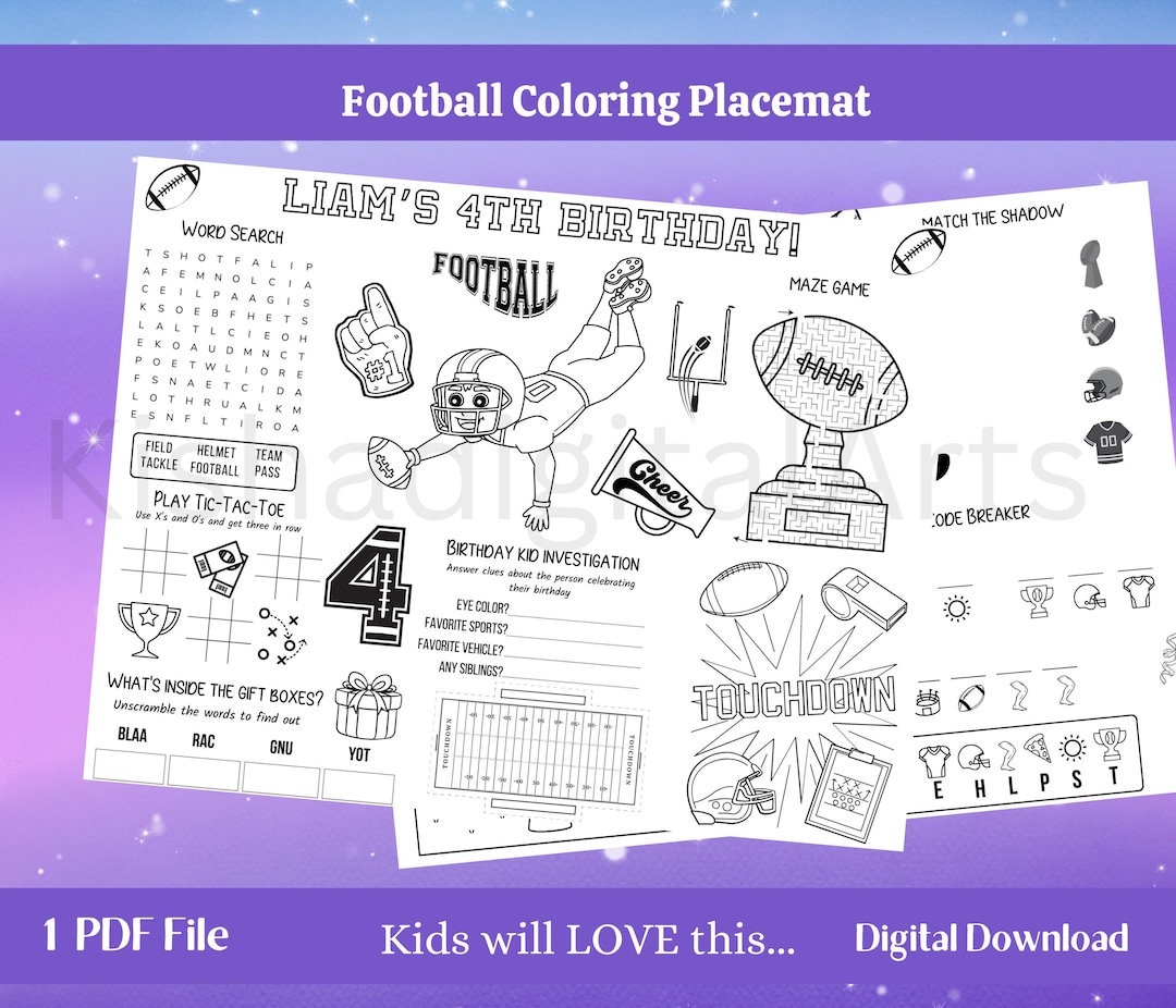 Personalized Football Theme Kids Activity Sheet Placemat Birthday Party ...