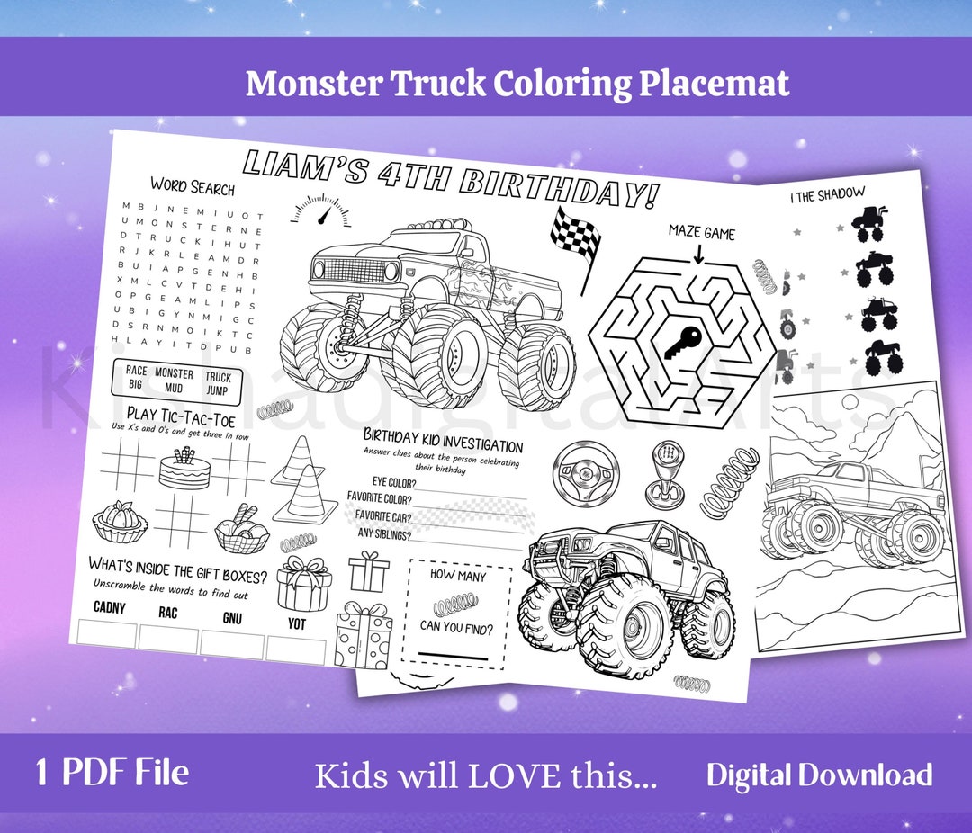 Personalized Monster Truck Kids Activity Sheet Placemat Birthday Party ...