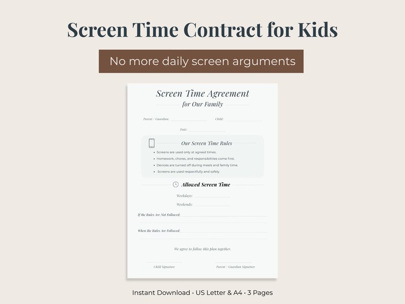 Screen Time Contract for Kids – Printable Family Device Agreement ...